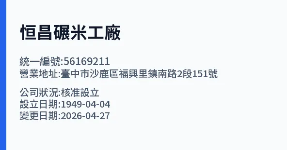 恒昌碾米工廠的照片-統編 56169211(臺中市) 公司登記資料與營業項目詳細圖表