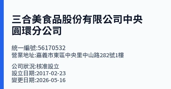 三合美食品股份有限公司中央圓環分公司的照片-統編 56170532(嘉義市) 公司登記資料與營業項目詳細圖表