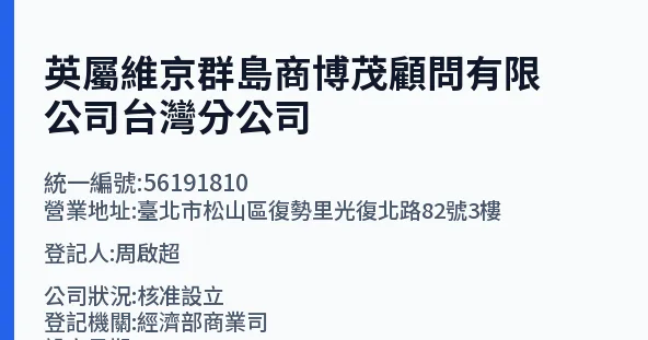 英屬維京群島商博茂顧問有限公司台灣分公司的照片-統編 56191810(臺北市) 公司登記資料與營業項目詳細圖表