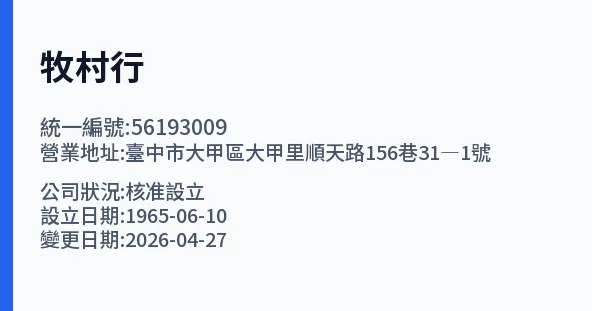 牧村行的照片-統編 56193009(臺中市) 公司登記資料與營業項目詳細圖表