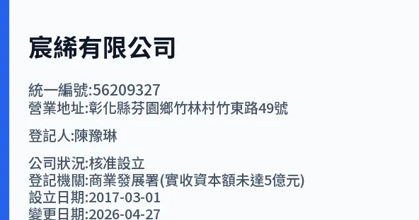 宸絺有限公司的照片-統編 56209327(彰化縣) 公司登記資料與營業項目詳細圖表