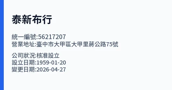 泰新布行的照片-統編 56217207(臺中市) 公司登記資料與營業項目詳細圖表