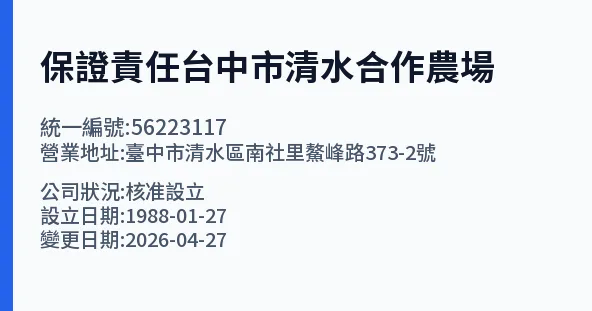 保證責任台中市清水合作農場的照片-統編 56223117(臺中市) 公司登記資料與營業項目詳細圖表