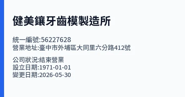 健美鑲牙齒模製造所的照片-統編 56227628(臺中市) 公司登記資料與營業項目詳細圖表