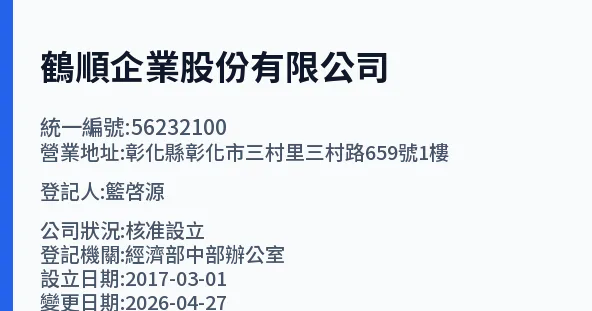 鶴順企業股份有限公司的照片-統編 56232100(彰化縣) 公司登記資料與營業項目詳細圖表