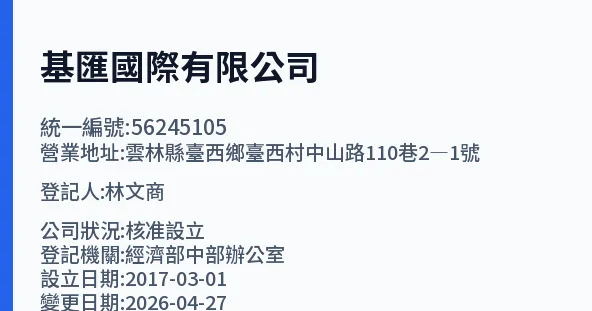 基匯國際有限公司的照片-統編 56245105(雲林縣) 公司登記資料與營業項目詳細圖表