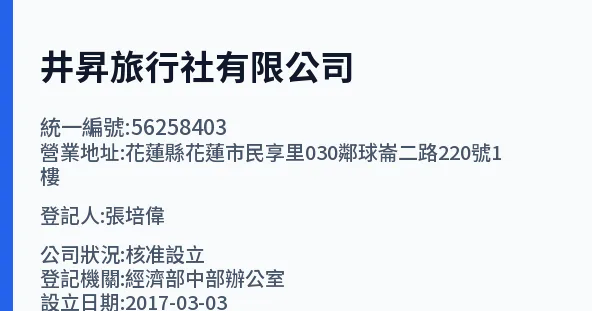 井昇旅行社有限公司的照片-統編 56258403(花蓮縣) 公司登記資料與營業項目詳細圖表