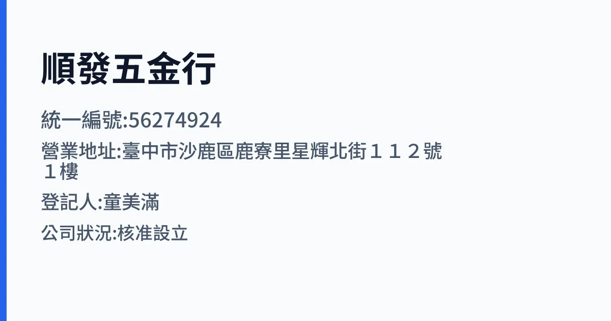 順發五金行 - 統編 56274924(臺中市) 公司登記資料與營業項目詳細圖表