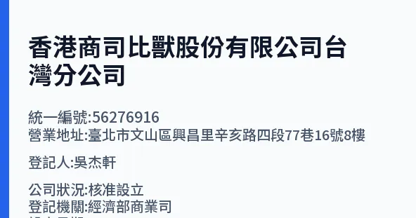 香港商司比獸股份有限公司台灣分公司的照片-統編 56276916(臺北市) 公司登記資料與營業項目詳細圖表
