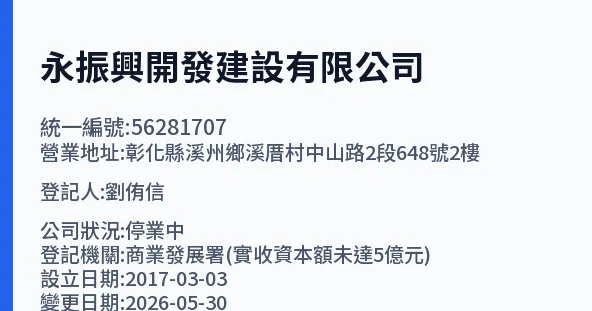 永振興開發建設有限公司的照片-統編 56281707(彰化縣) 公司登記資料與營業項目詳細圖表