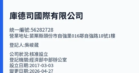 庫德司國際有限公司的照片-統編 56282728(苗栗縣) 公司登記資料與營業項目詳細圖表