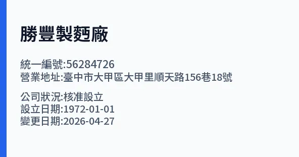 勝豐製麪廠的照片-統編 56284726(臺中市) 公司登記資料與營業項目詳細圖表