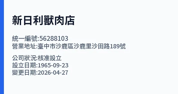 新日利獸肉店的照片-統編 56288103(臺中市) 公司登記資料與營業項目詳細圖表
