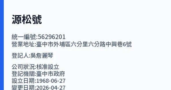 源松號的照片-統編 56296201(臺中市) 公司登記資料與營業項目詳細圖表