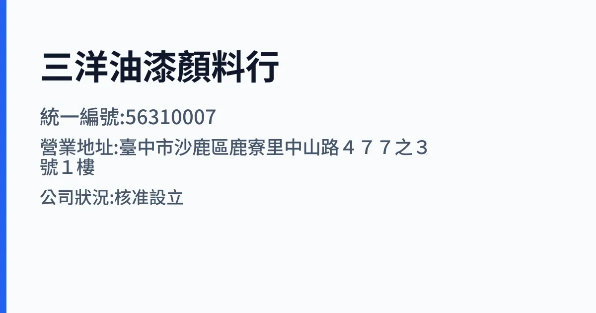 三洋油漆顏料行 - 統編 56310007(臺中市) 公司登記資料與營業項目詳細圖表