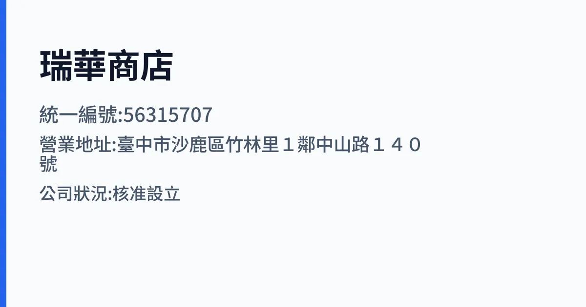 瑞華商店 - 統編 56315707(臺中市) 公司登記資料與營業項目詳細圖表