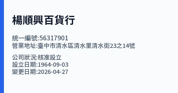 楊順興百貨行的照片-統編 56317901(臺中市) 公司登記資料與營業項目詳細圖表