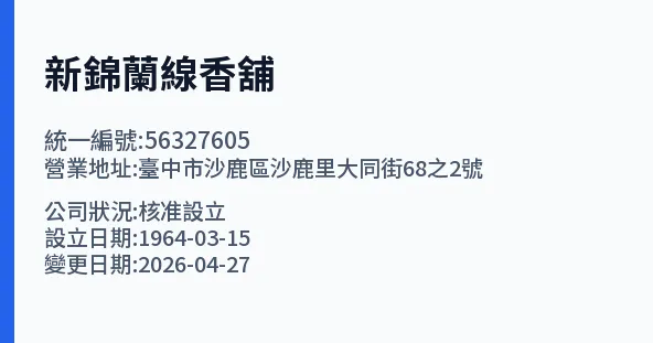 新錦蘭線香舖的照片-統編 56327605(臺中市) 公司登記資料與營業項目詳細圖表