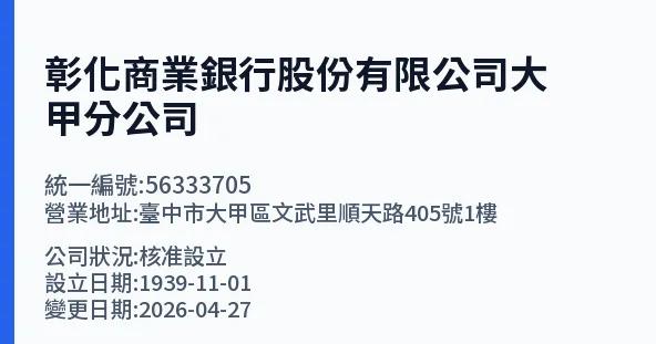 彰化商業銀行股份有限公司大甲分公司的照片-統編 56333705(臺中市) 公司登記資料與營業項目詳細圖表