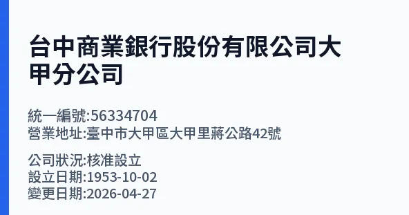 台中商業銀行股份有限公司大甲分公司的照片-統編 56334704(臺中市) 公司登記資料與營業項目詳細圖表