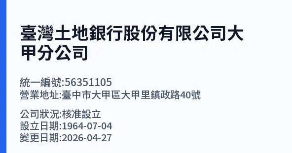 臺灣土地銀行股份有限公司大甲分公司的照片-統編 56351105(臺中市) 公司登記資料與營業項目詳細圖表
