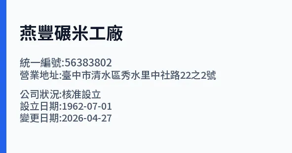 燕豐碾米工廠的照片-統編 56383802(臺中市) 公司登記資料與營業項目詳細圖表
