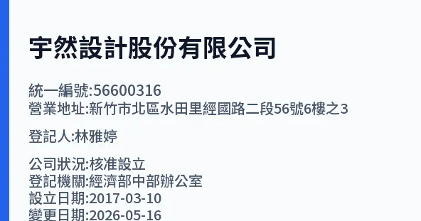 宇然設計股份有限公司的照片-統編 56600316(新竹市) 公司登記資料與營業項目詳細圖表
