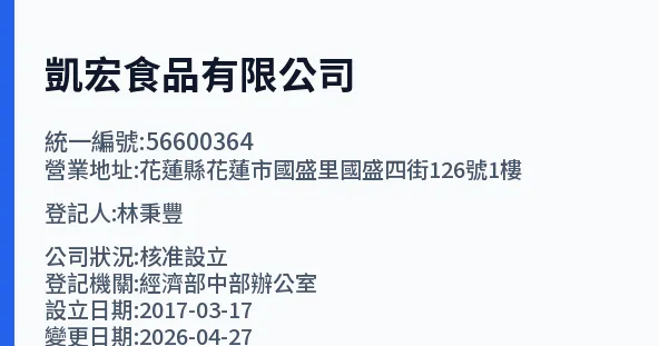 凱宏食品有限公司的照片-統編 56600364(花蓮縣) 公司登記資料與營業項目詳細圖表