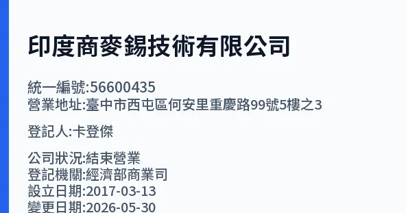 印度商麥錫技術有限公司的照片-統編 56600435(臺中市) 公司登記資料與營業項目詳細圖表