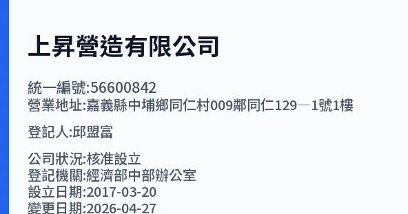 上昇營造有限公司的照片-統編 56600842(嘉義縣) 公司登記資料與營業項目詳細圖表