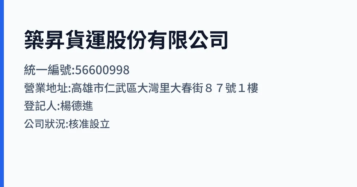 築昇貨運股份有限公司 - 統編 56600998(屏東縣) 公司登記資料與營業項目詳細圖表
