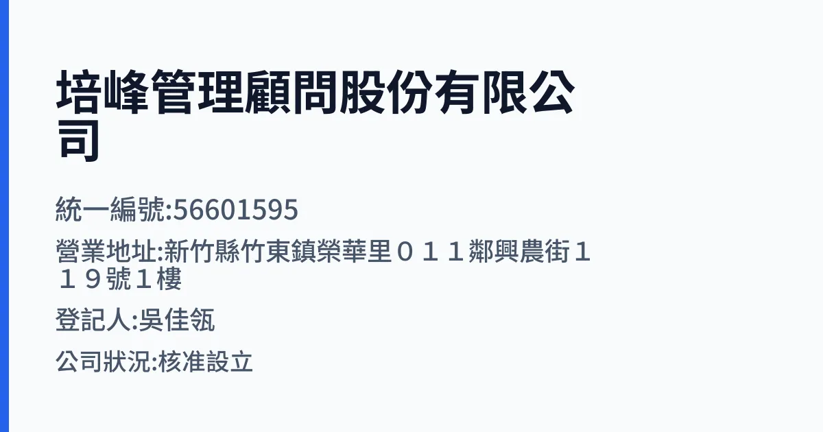 培峰管理顧問股份有限公司 - 統編 56601595(新竹縣) 公司登記資料與營業項目詳細圖表