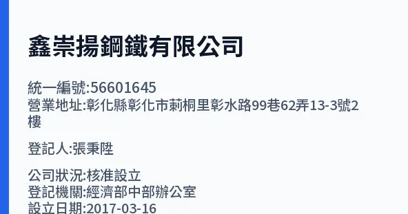鑫崇揚鋼鐵有限公司的照片-統編 56601645(彰化縣) 公司登記資料與營業項目詳細圖表
