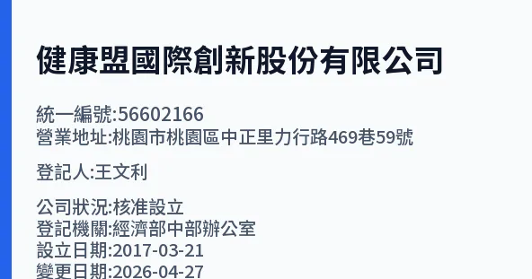 健康盟國際創新股份有限公司的照片-統編 56602166(桃園市) 公司登記資料與營業項目詳細圖表