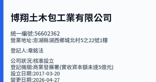 博翔土木包工業有限公司的照片-統編 56602362(澎湖縣) 公司登記資料與營業項目詳細圖表