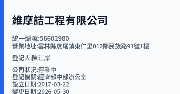 維摩詰工程有限公司的照片-統編 56602980(雲林縣) 公司登記資料與營業項目詳細圖表