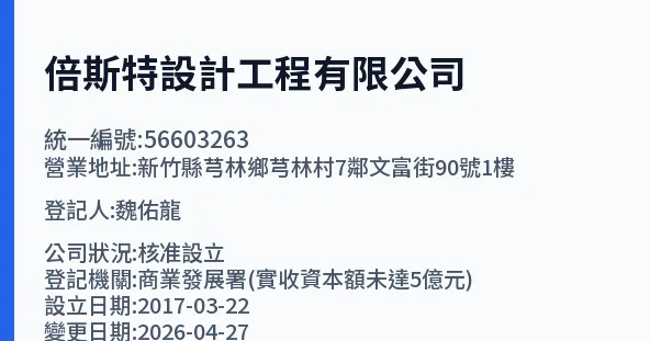 倍斯特設計工程有限公司的照片-統編 56603263(新竹縣) 公司登記資料與營業項目詳細圖表