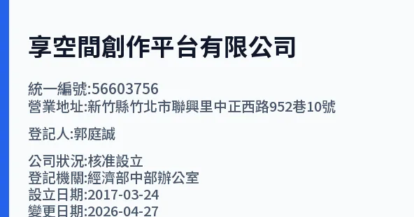 享空間創作平台有限公司的照片-統編 56603756(新竹縣) 公司登記資料與營業項目詳細圖表