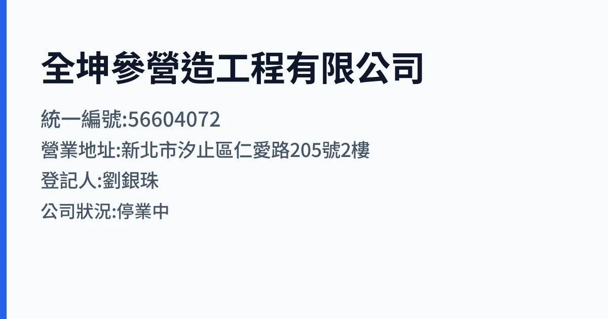 全坤參營造工程有限公司 - 統編 56604072(新北市) 公司登記資料與營業項目詳細圖表