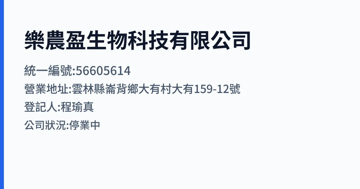 樂農盈生物科技有限公司 - 統編 56605614(雲林縣) 公司登記資料與營業項目詳細圖表