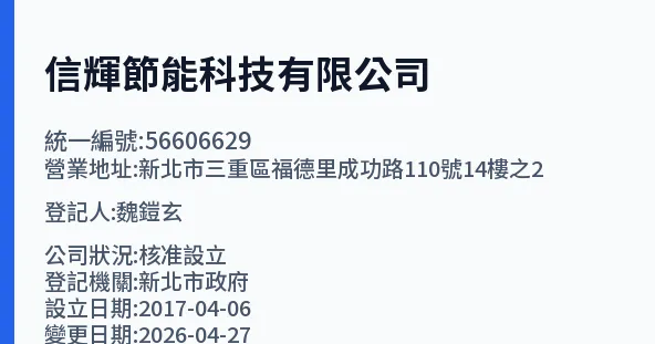 信輝節能科技有限公司的照片-統編 56606629(新北市) 公司登記資料與營業項目詳細圖表
