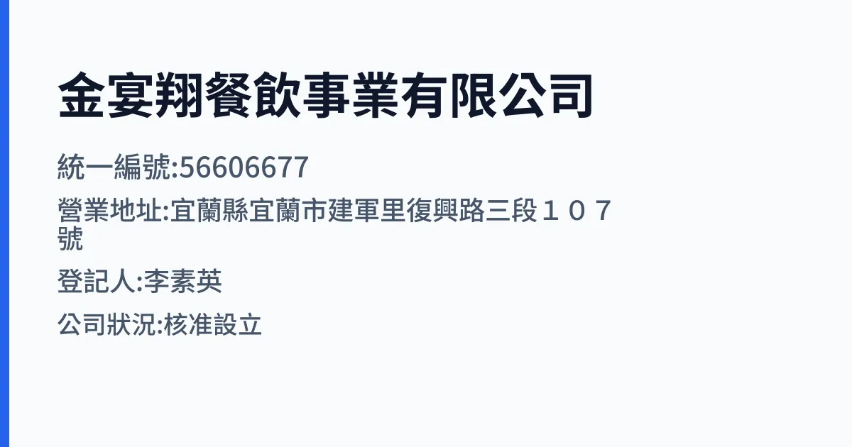 金宴翔餐飲事業有限公司 - 統編 56606677(宜蘭縣) 公司登記資料與營業項目詳細圖表