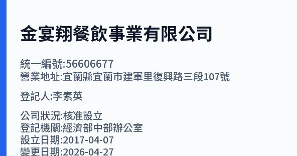 金宴翔餐飲事業有限公司的照片-統編 56606677(宜蘭縣) 公司登記資料與營業項目詳細圖表