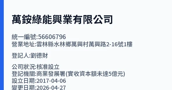 萬銨綠能興業有限公司的照片-統編 56606796(雲林縣) 公司登記資料與營業項目詳細圖表