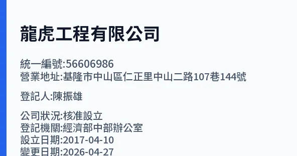 龍虎工程有限公司的照片-統編 56606986(基隆市) 公司登記資料與營業項目詳細圖表