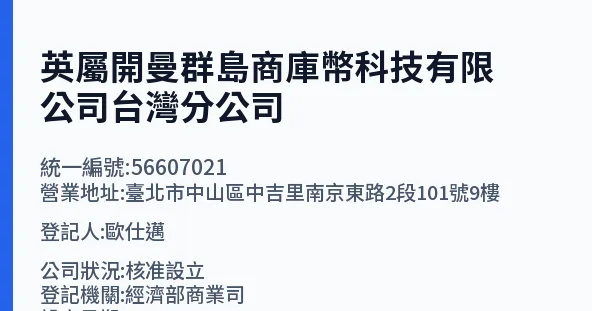 英屬開曼群島商庫幣科技有限公司台灣分公司的照片-統編 56607021(臺北市) 公司登記資料與營業項目詳細圖表