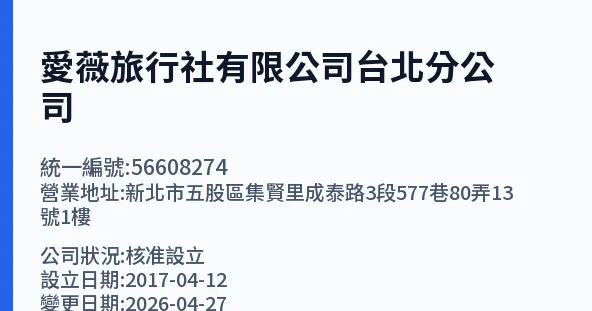 愛薇旅行社有限公司台北分公司的照片-統編 56608274(新北市) 公司登記資料與營業項目詳細圖表