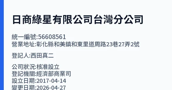 日商綠星有限公司台灣分公司的照片-統編 56608561(彰化縣) 公司登記資料與營業項目詳細圖表