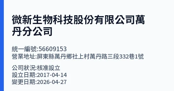 微新生物科技股份有限公司萬丹分公司的照片-統編 56609153(屏東縣) 公司登記資料與營業項目詳細圖表
