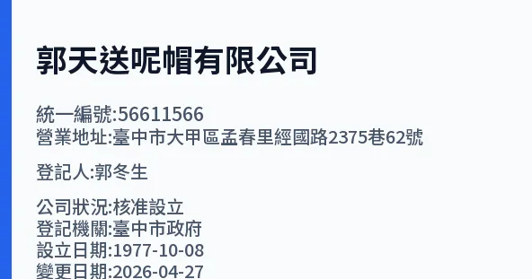 郭天送呢帽有限公司的照片-統編 56611566(臺中市) 公司登記資料與營業項目詳細圖表
